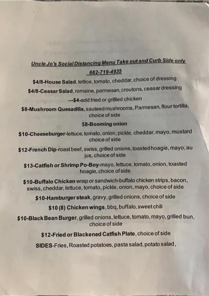 Carta del restaurante Uncle Jo's, Cleveland