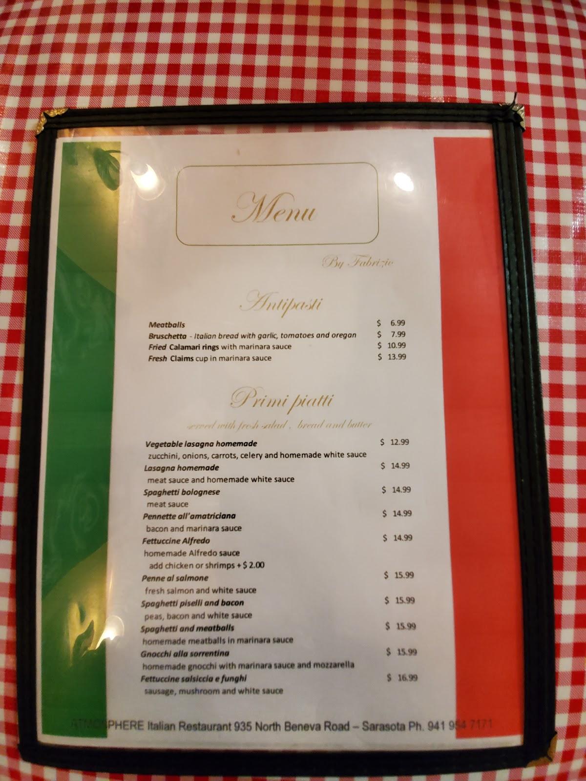 Menu at Atmosphere restaurant, Sarasota, 935 N Beneva Rd unit 409