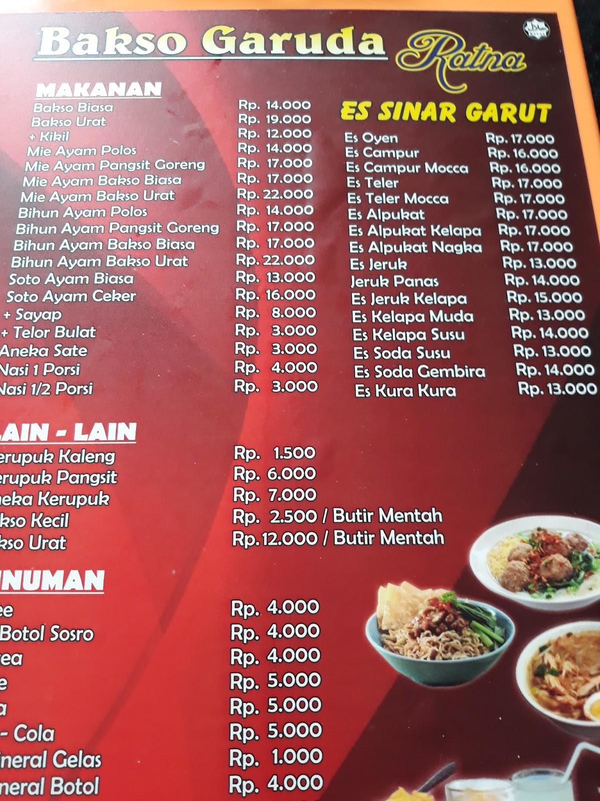 Menu at Bakso Garuda Ratna restaurant, Bekasi Regency, Jl. Mutiara ...