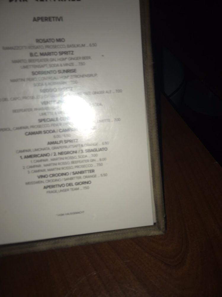 Menu at Bar Centrale, Munich, Ledererstraße 23