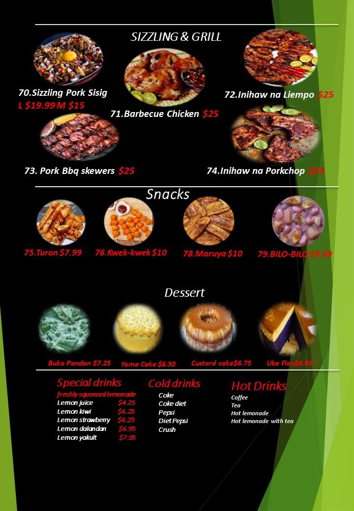 Menu au Giga's Pinoy Carinderia restaurant, Cochrane