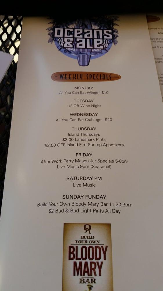 Menu at Oceans & Ale pub & bar, Williamsburg, Richmond Rd