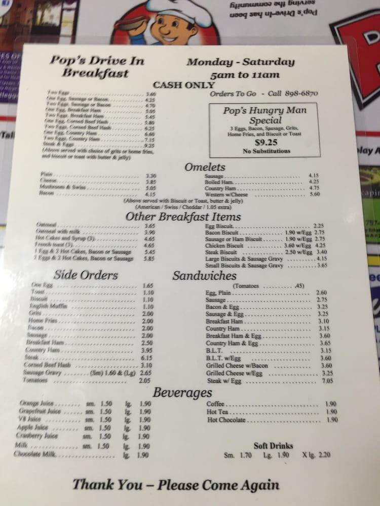 Menu at Pop's Drive In restaurant, Newport News