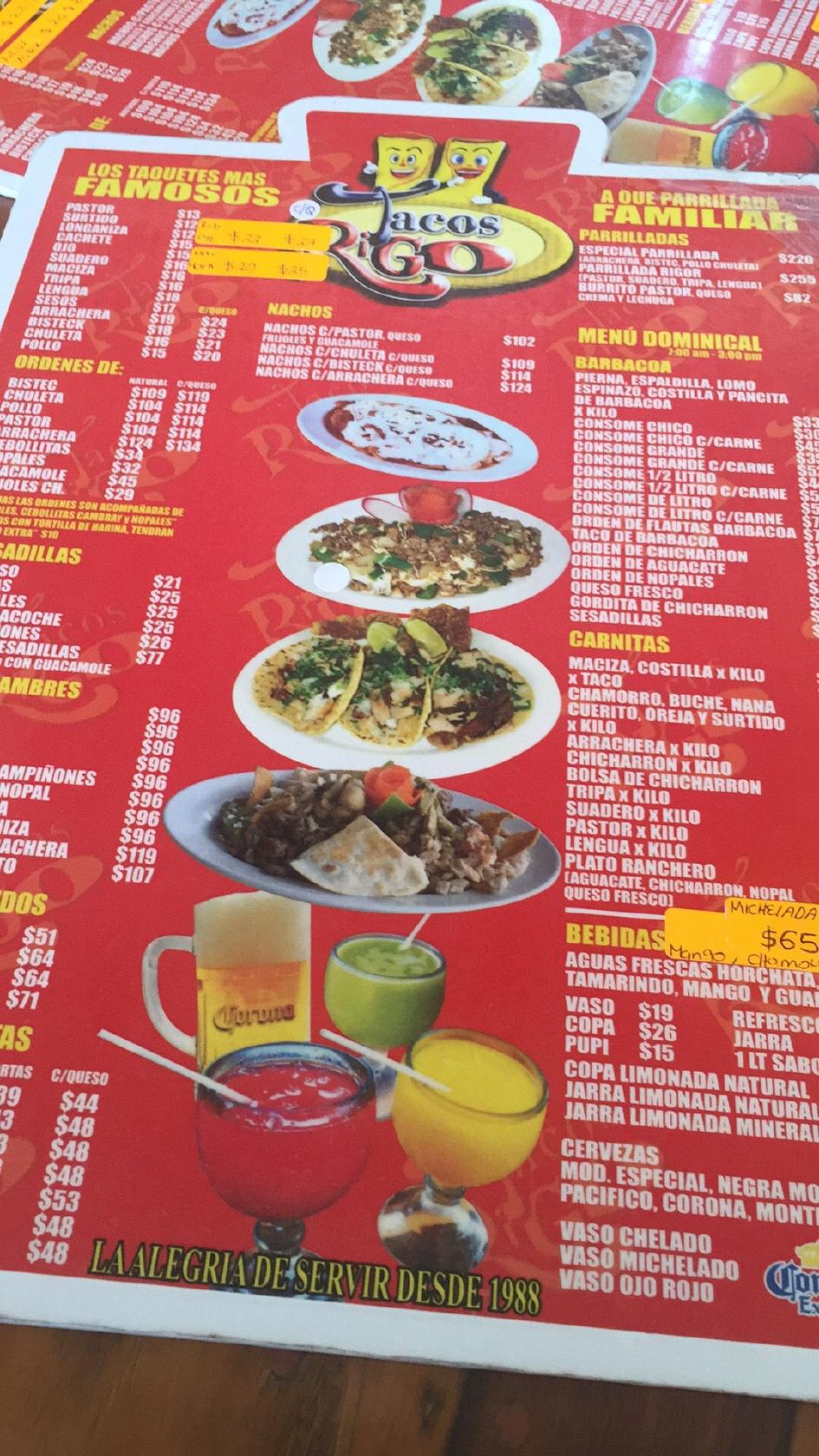 Carta del restaurante Tacos Rigo, Cancún, Playa 50 ‎ Cancun Centro Off ...