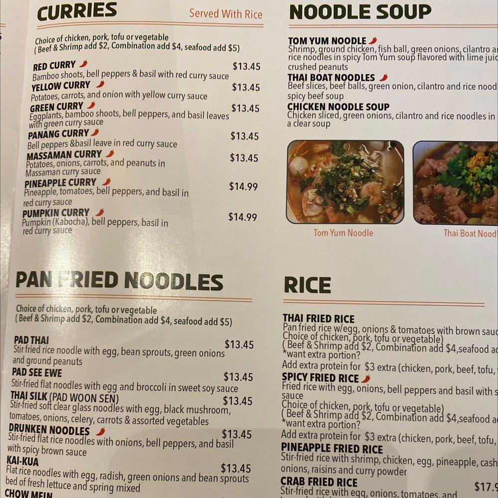 Menu at Bull Thai AZ restaurant, Bullhead City