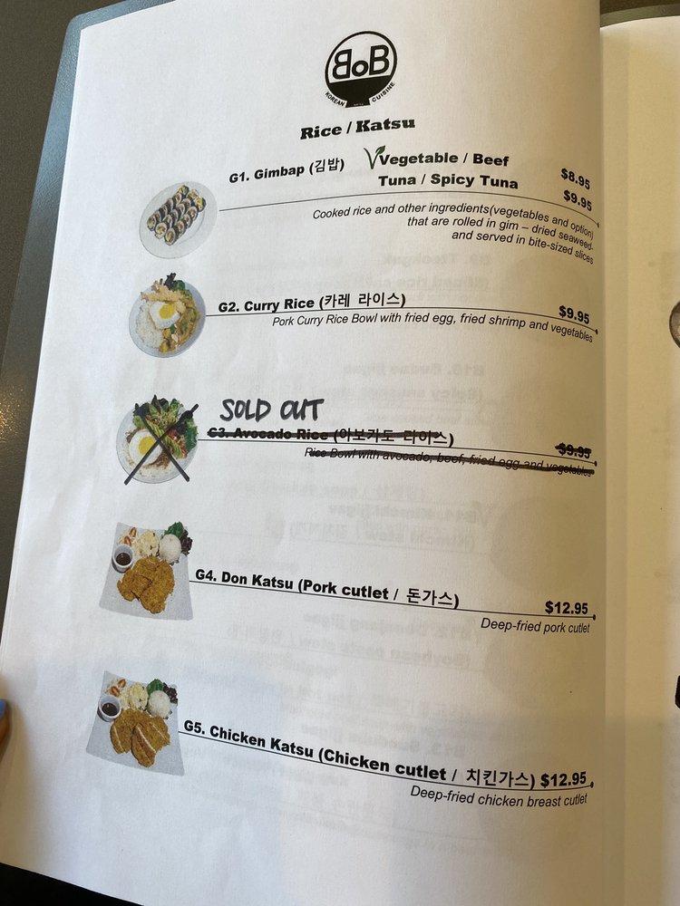 Menu at The BoB restaurant, Seattle
