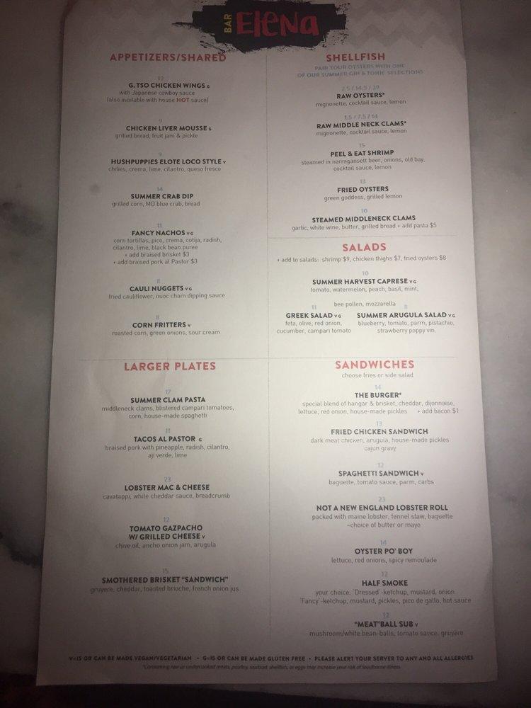 Menu at Bar Elena, Washington