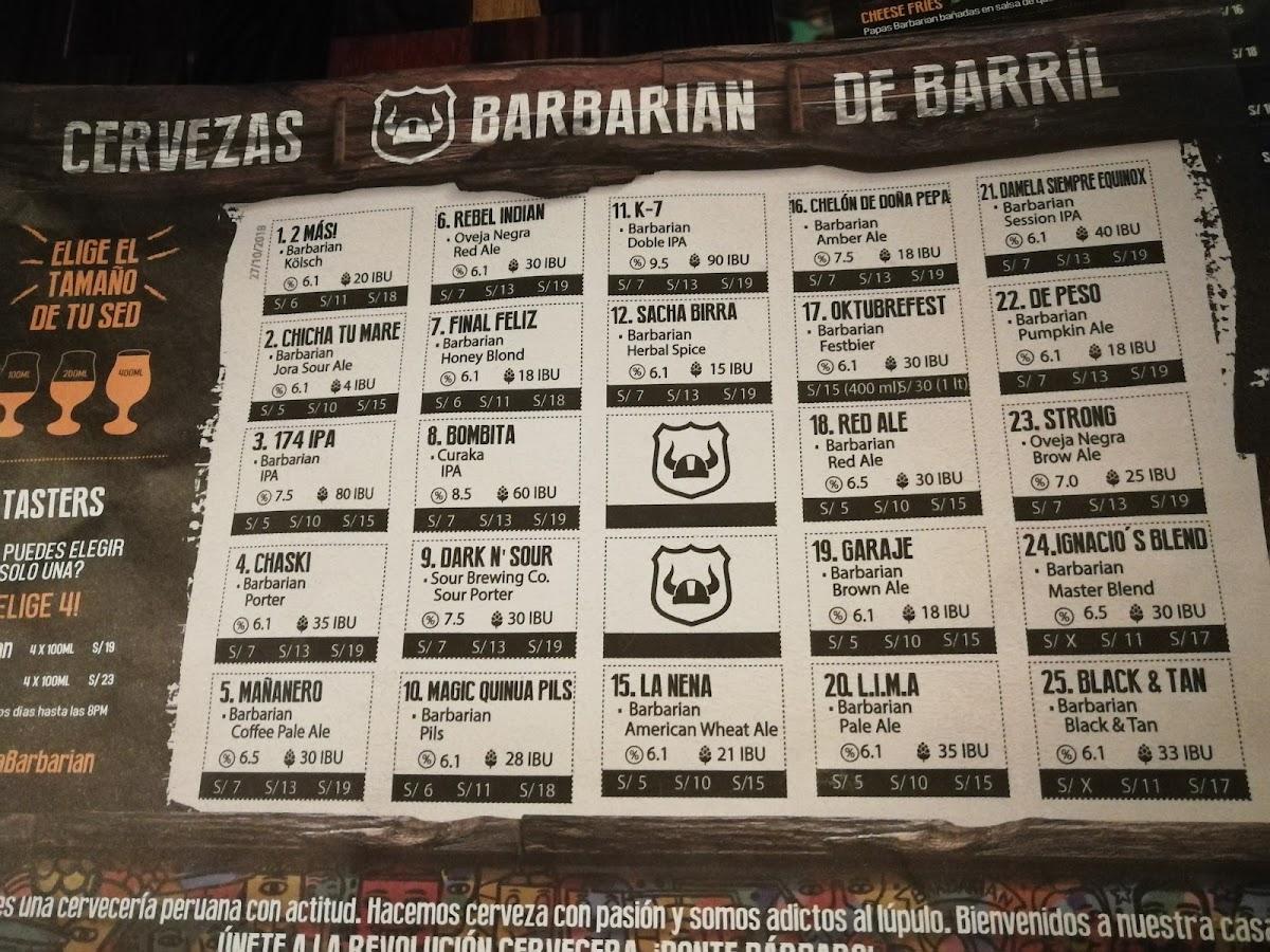 Carta de BarBarian Barranco, Barranco, Av. Pedro de Osma 144