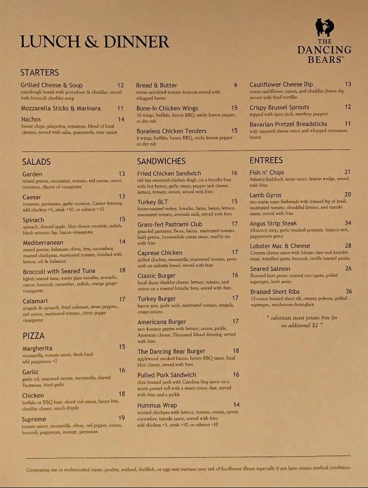 Menu at Dancing Bears Restaurant, Lake Placid, Main St