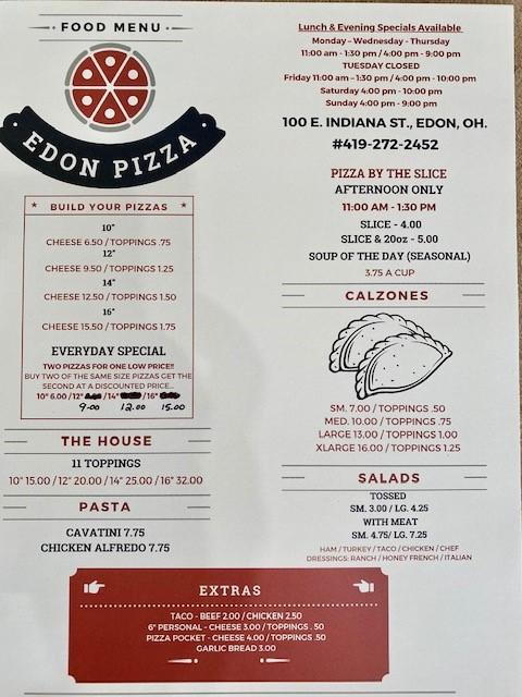 Menu at Edon Pizza pizzeria, Edon, 100 E Indiana St