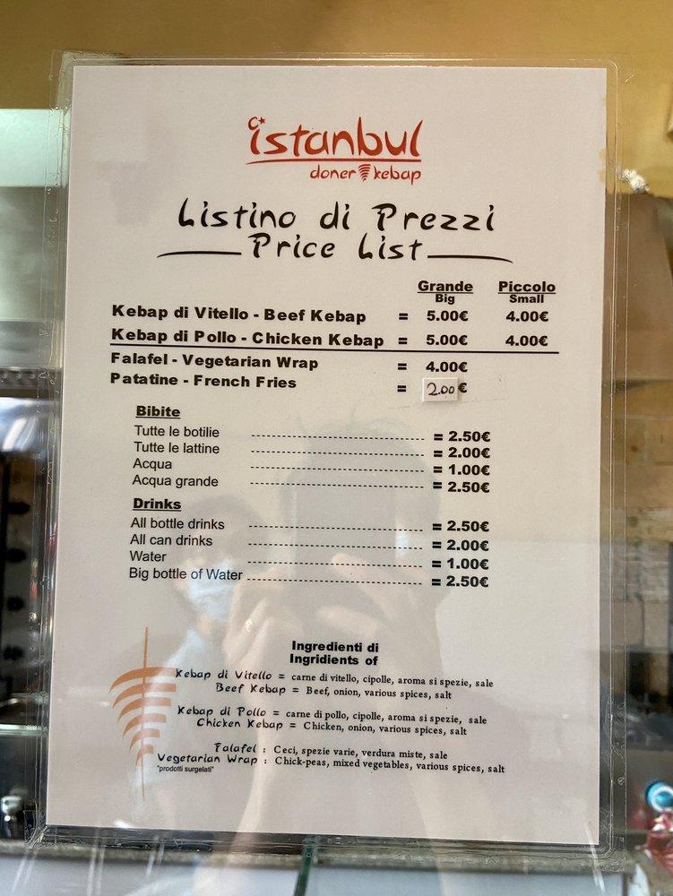 Menu at Istanbul Doner Kebap restaurant, Florence