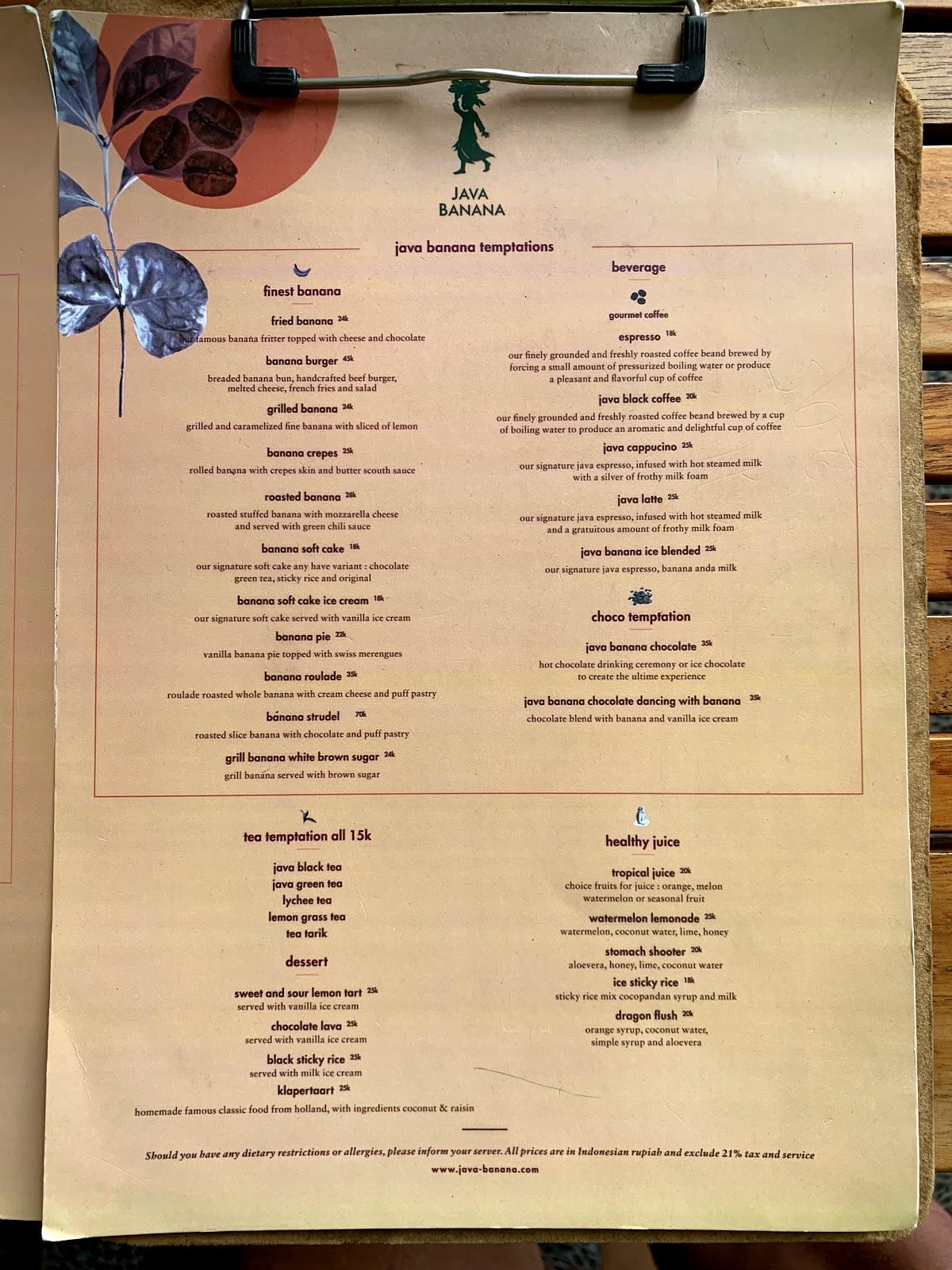 Carta de Java Banana Cafe, Semarang