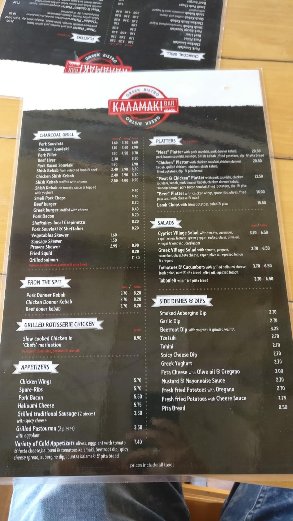 Menu at Kalamaki Bar, Larnaca, Athenon 52