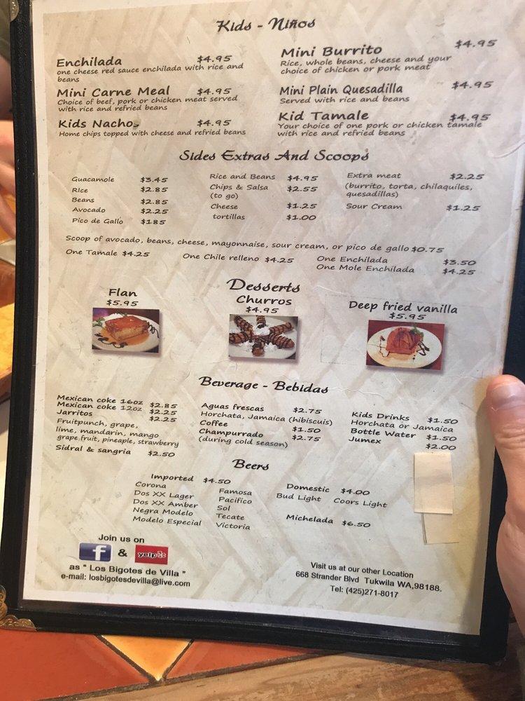 Menu at Los Bigotes de Villa restaurant, Federal Way