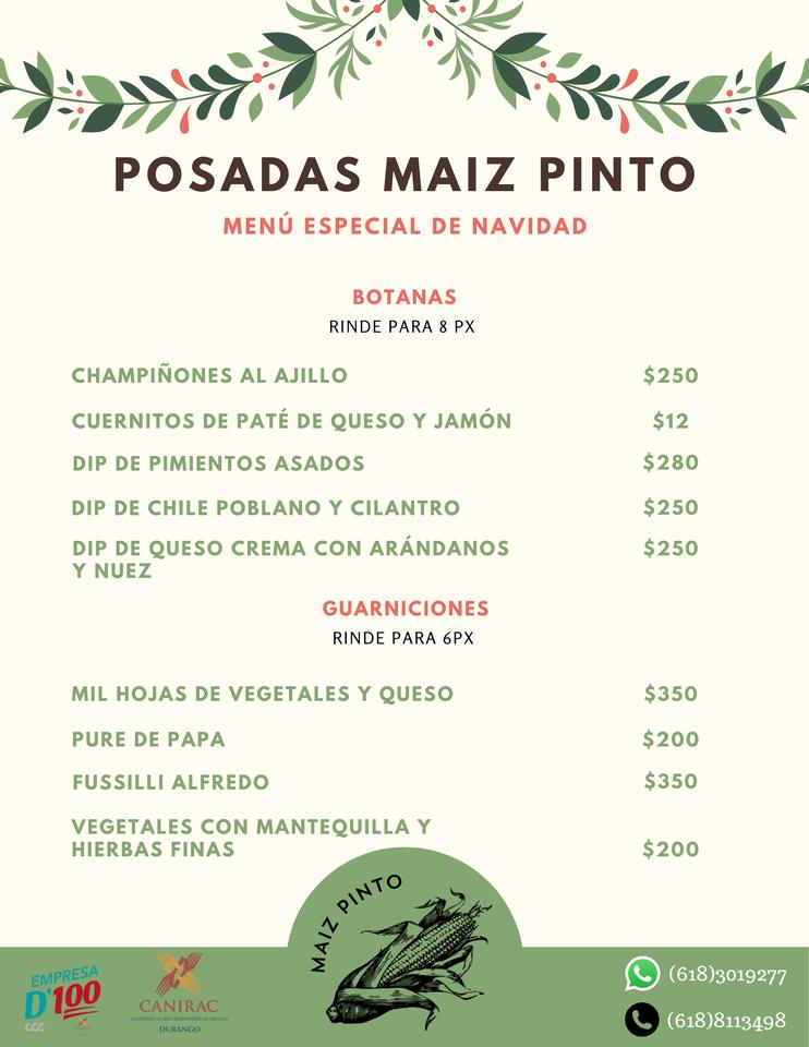 Menu at Maíz Pinto restaurant, Durango, C. Pino Suárez 1302