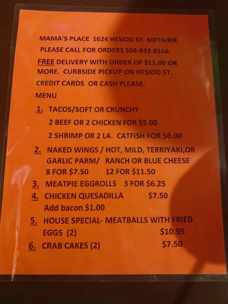 Menu at Mama's Place pub & bar, Metairie