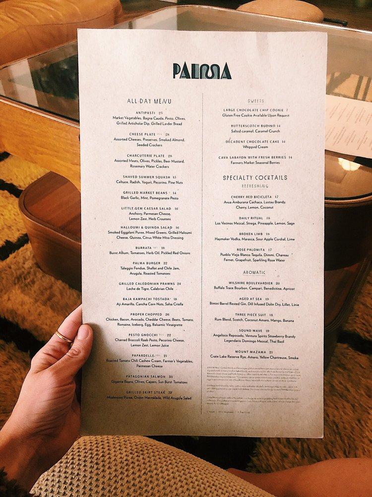 Menu at Palma restaurant, Santa Monica