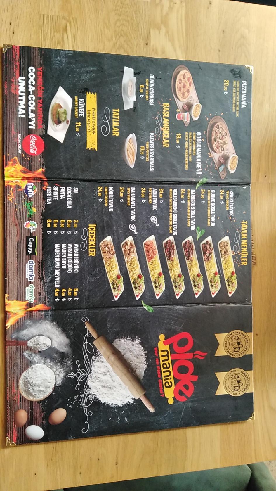 Menu at Pide mania restaurant, Turkey