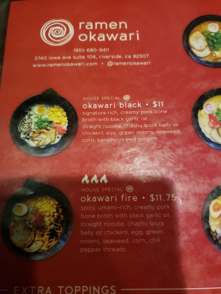 Menu at Ramen Okawari restaurant, Riverside