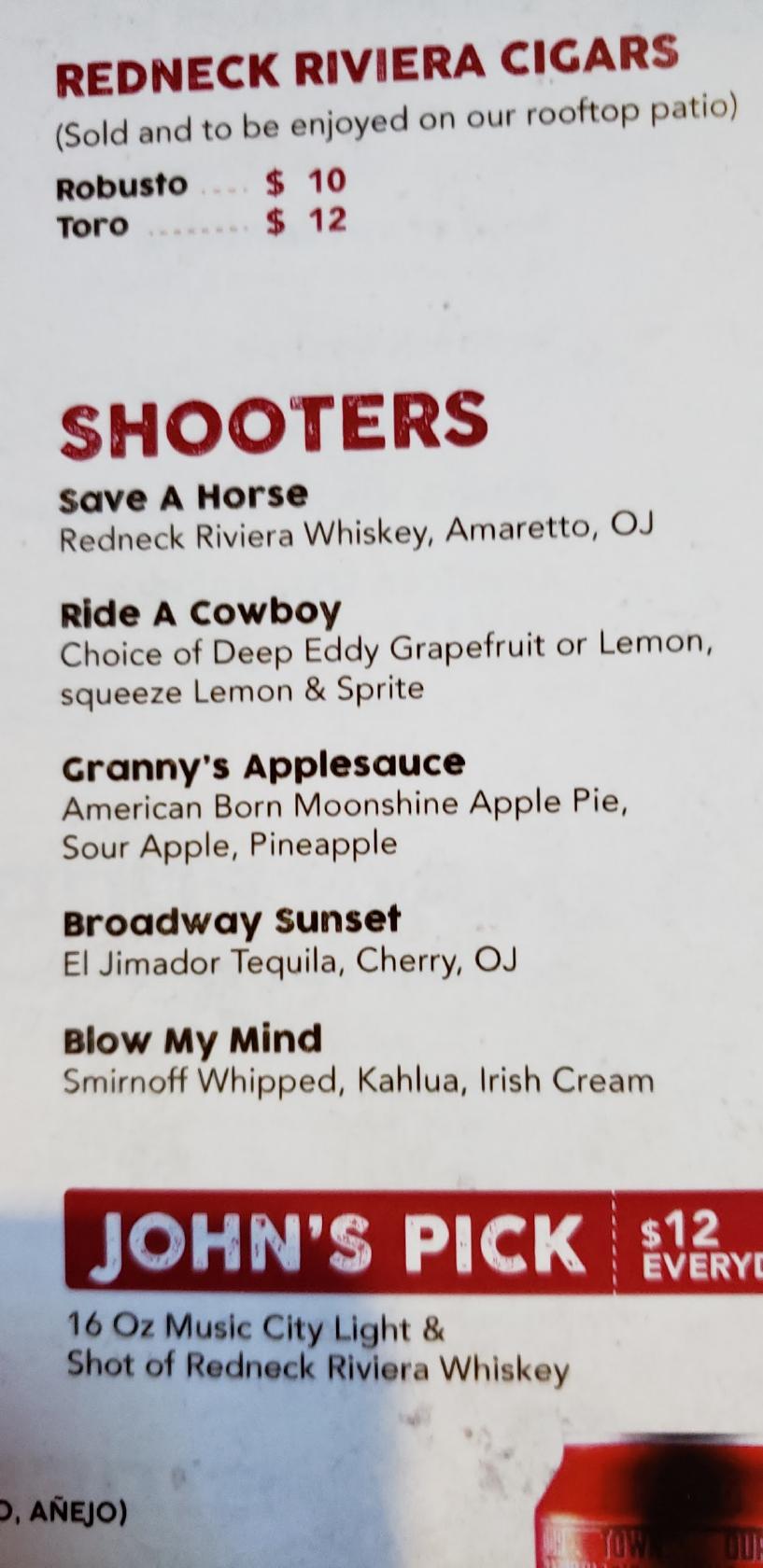 Menu at Redneck Riviera Bar & BBQ, Nashville