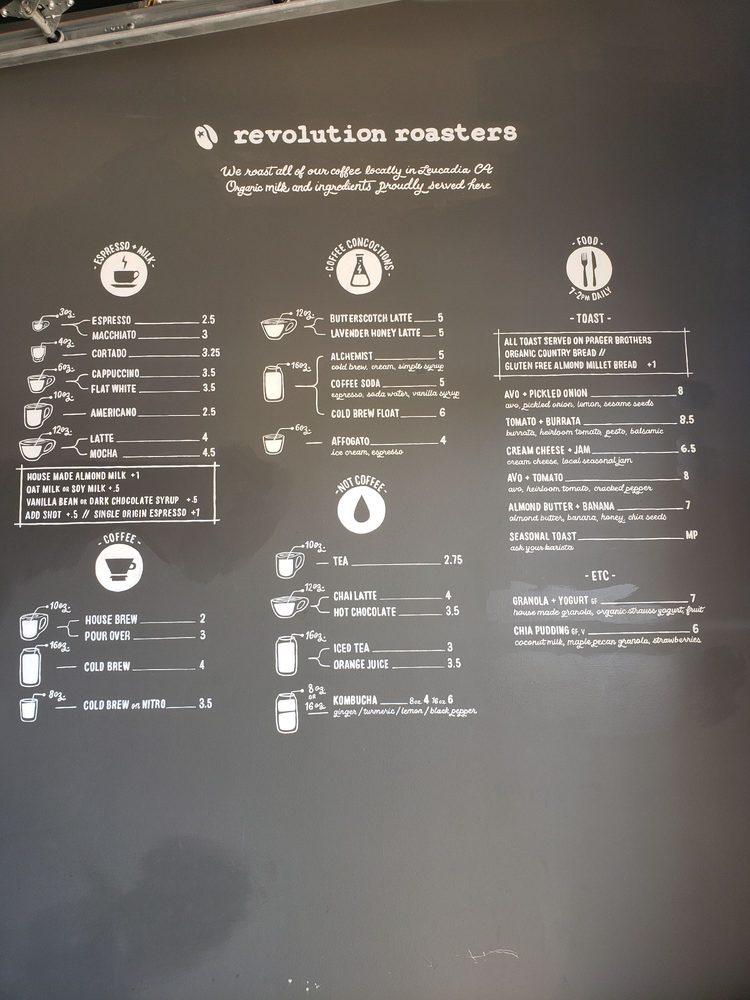 Menu at Revolution Roasters cafe, Oceanside