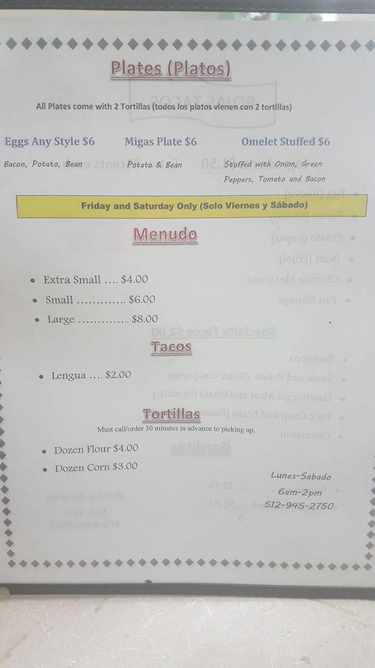 Menu at Rojas Tacos restaurant, Taylor
