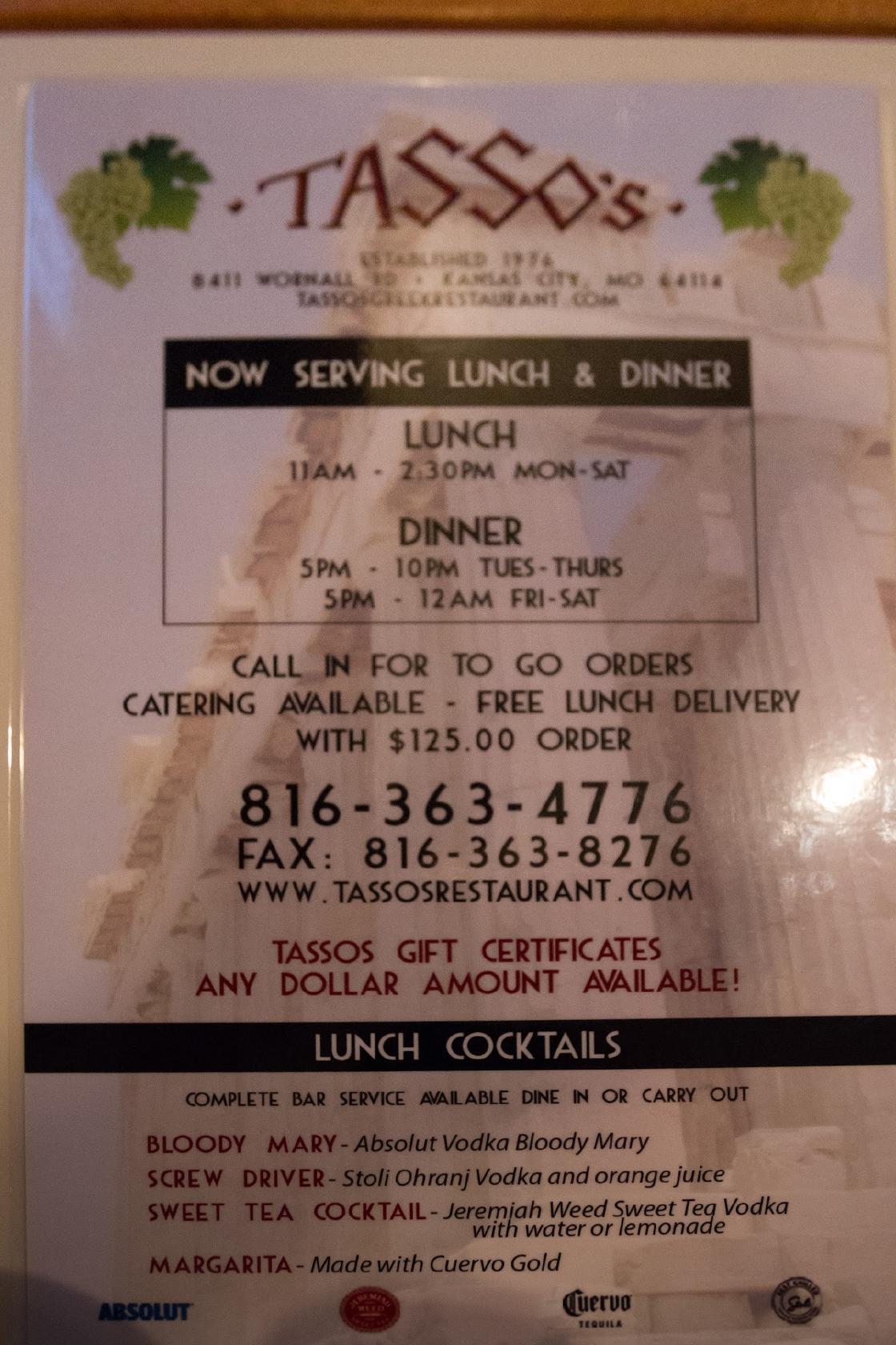 Menu at Tasso's Greek Restaurant, Kansas City