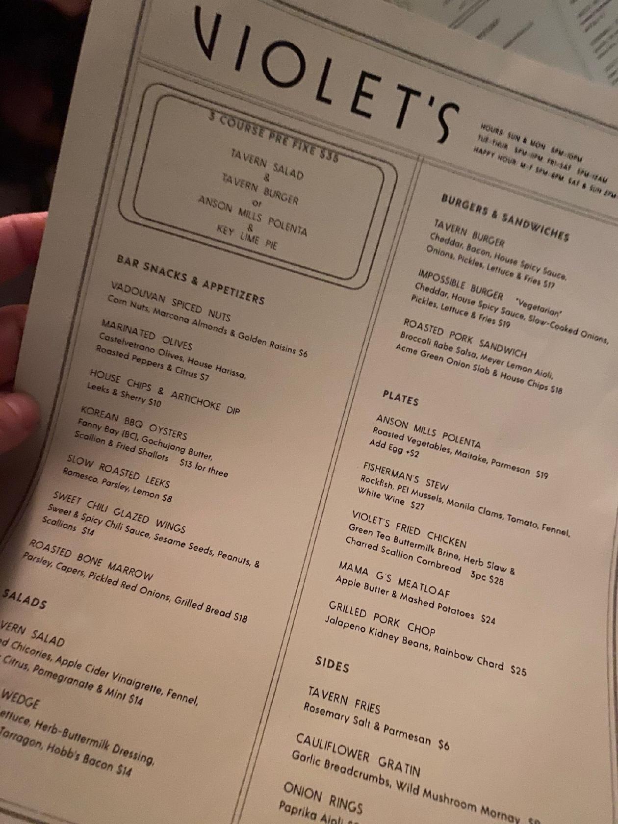 Menu at Violet's pub & bar, San Francisco