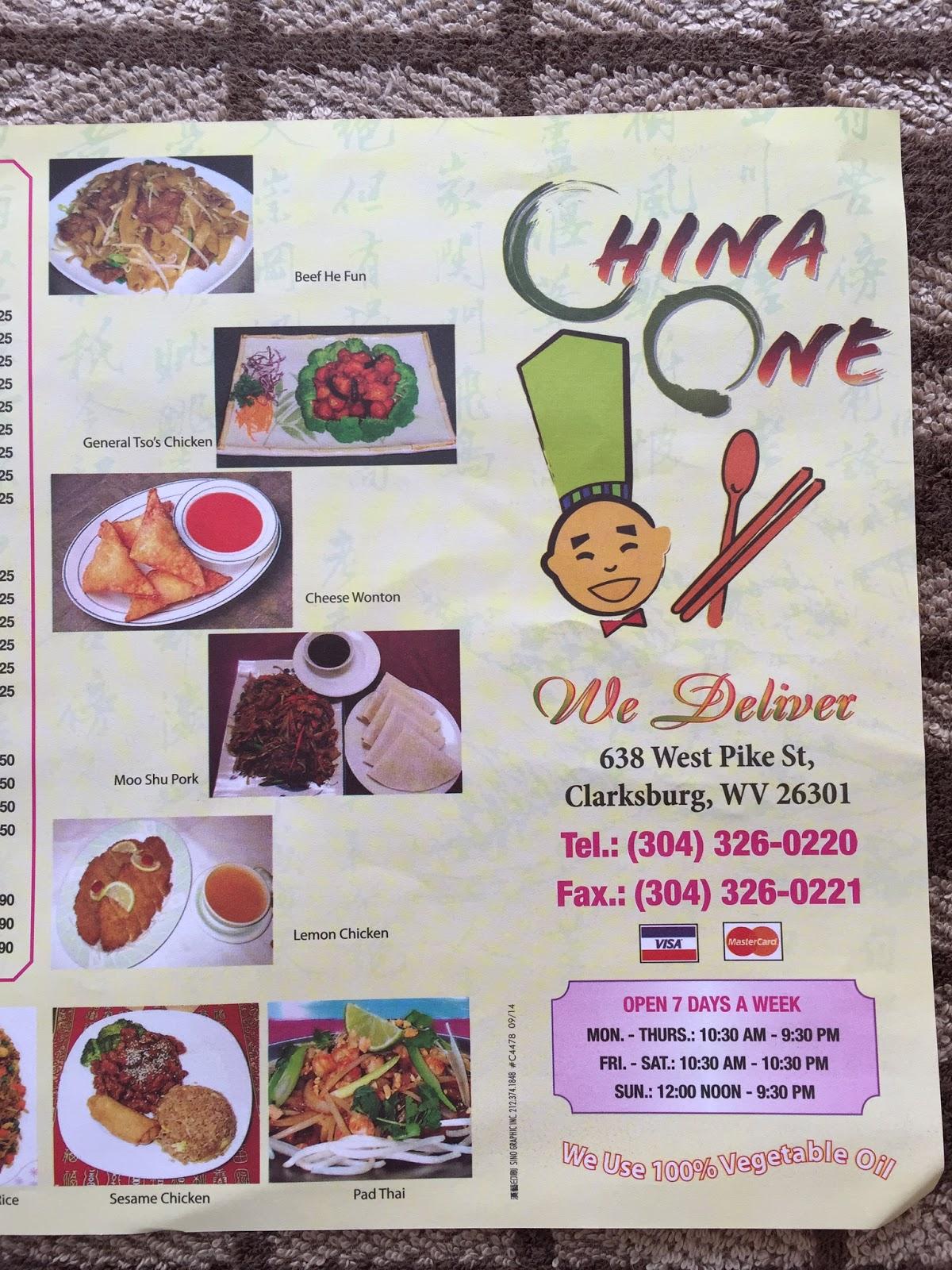 Menu at China One restaurant, Clarksburg