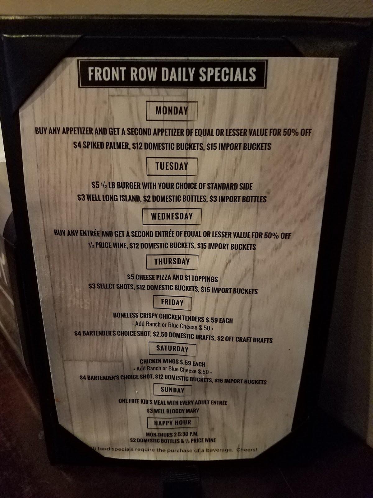 Menu at Front Row pub & bar, Homer Glen