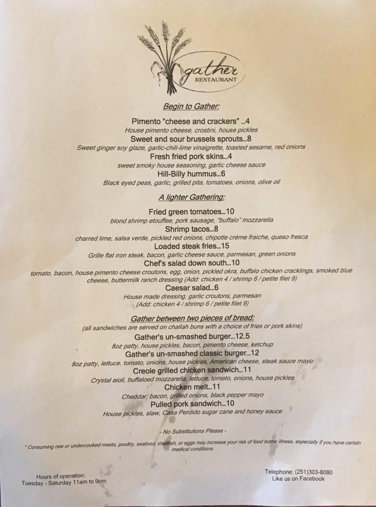 Menu at Gather Restaurant, Atmore