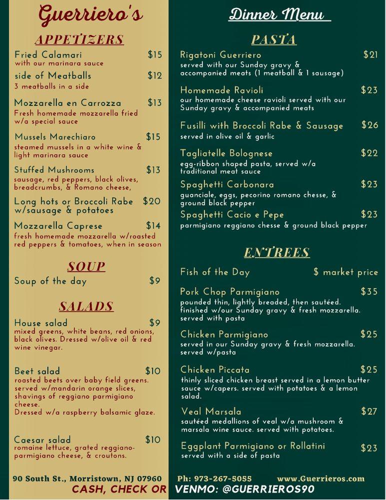 Menu at Guerriero's Restaurant, Morristown