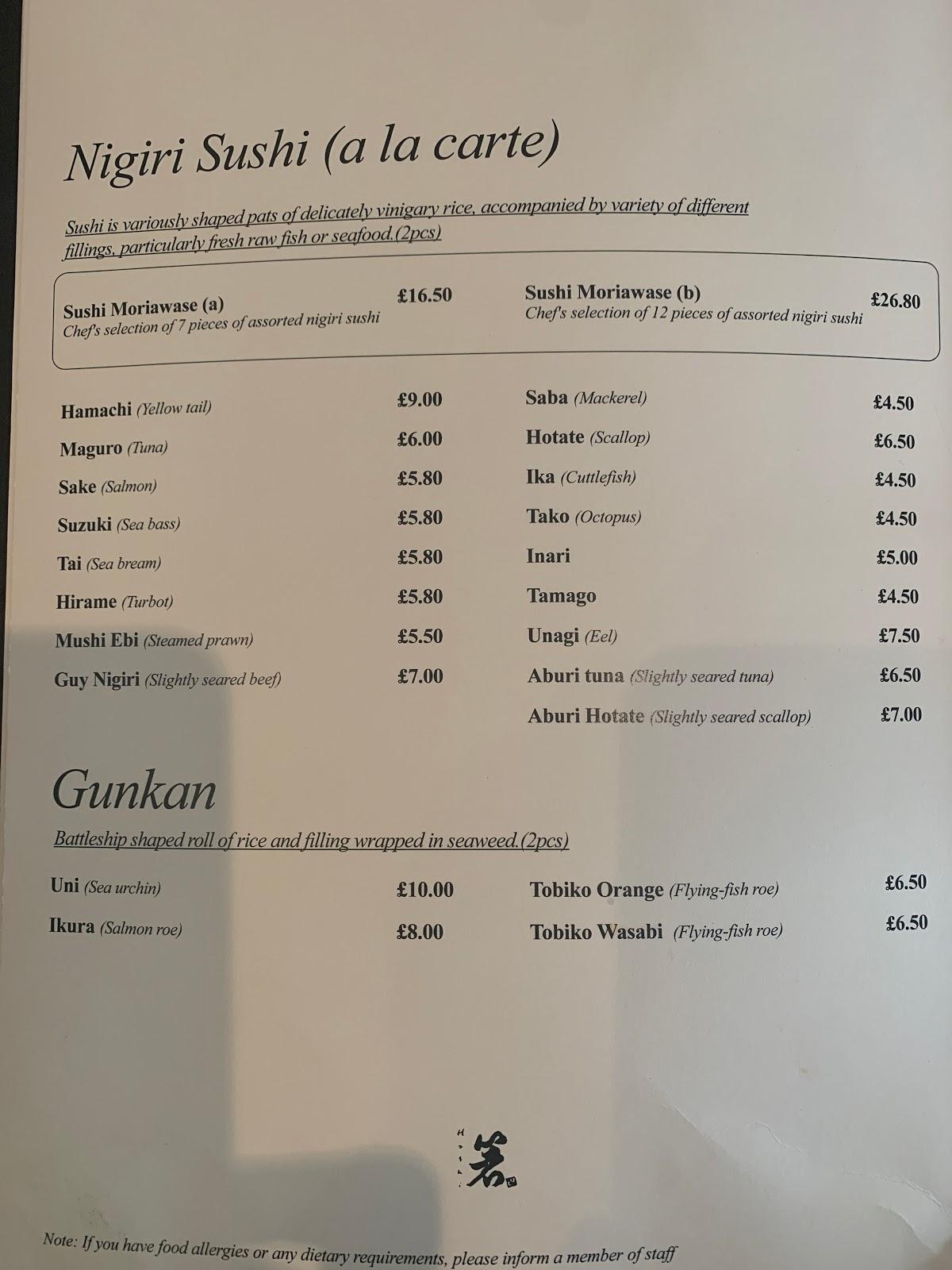 Menu at Hoshi Japanese Restaurant, London, 54 Durham Rd