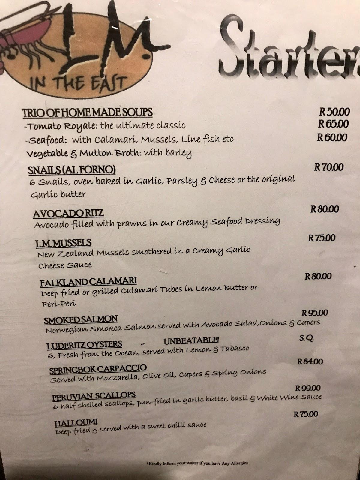 Menu at LM in the East. restaurant, Pretoria, Lynnwood Galleries