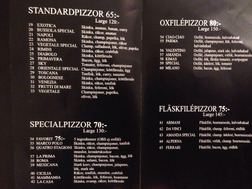 Menu at Pizzeria Amanda, Hudiksvall