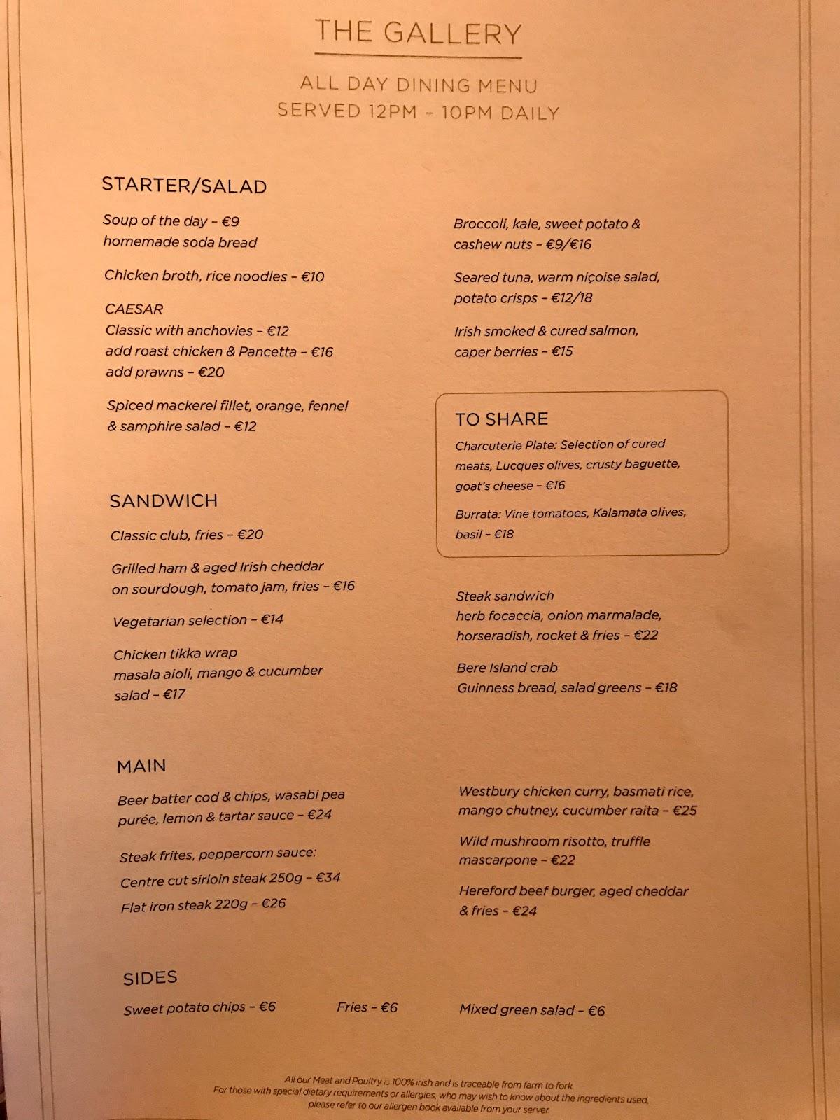 Menu at The Gallery restaurant, Dublin