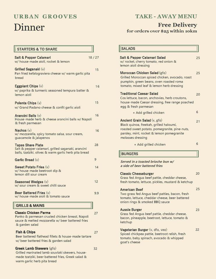 Menu at Urban Grooves restaurant, Greensborough, 99 Grimshaw St