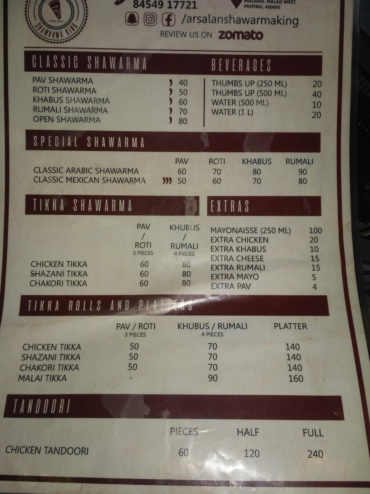 Menu at Arsalan's Shawarma King (Factory Outlet), Mumbai