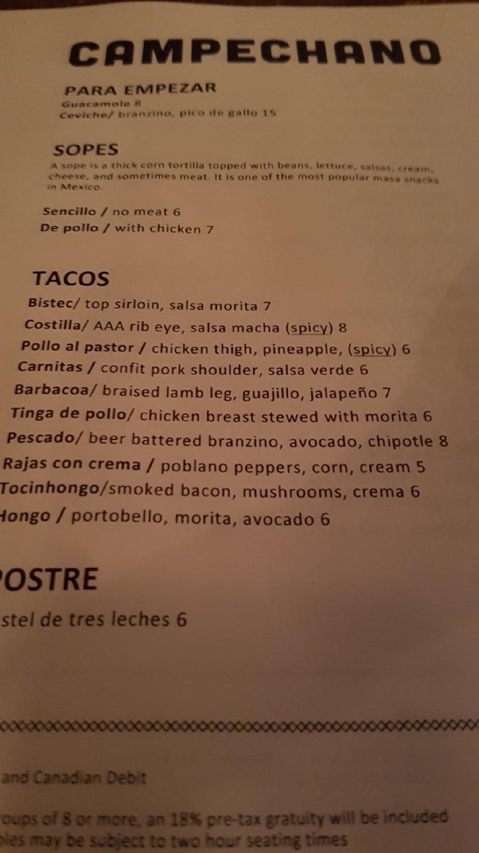 Menu at Campechano Adelaide restaurant, Toronto, 504 Adelaide St W