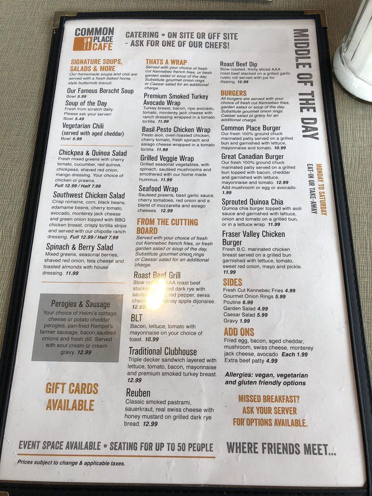 Menu at Common Place Cafe, Abbotsford