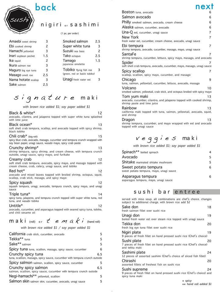 Menu at Dib Sushi Bar and Thai Cuisine, Chicago
