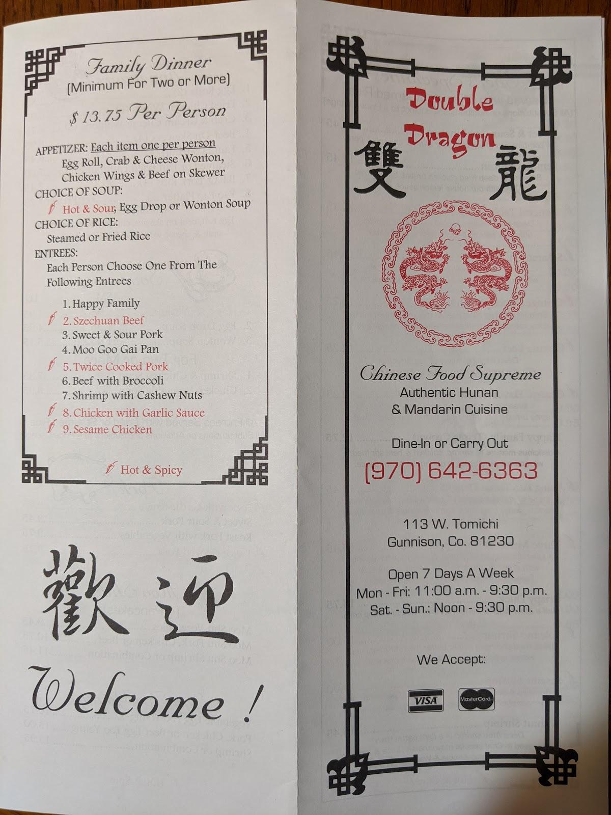 Menu at Double Dragon restaurant, Gunnison