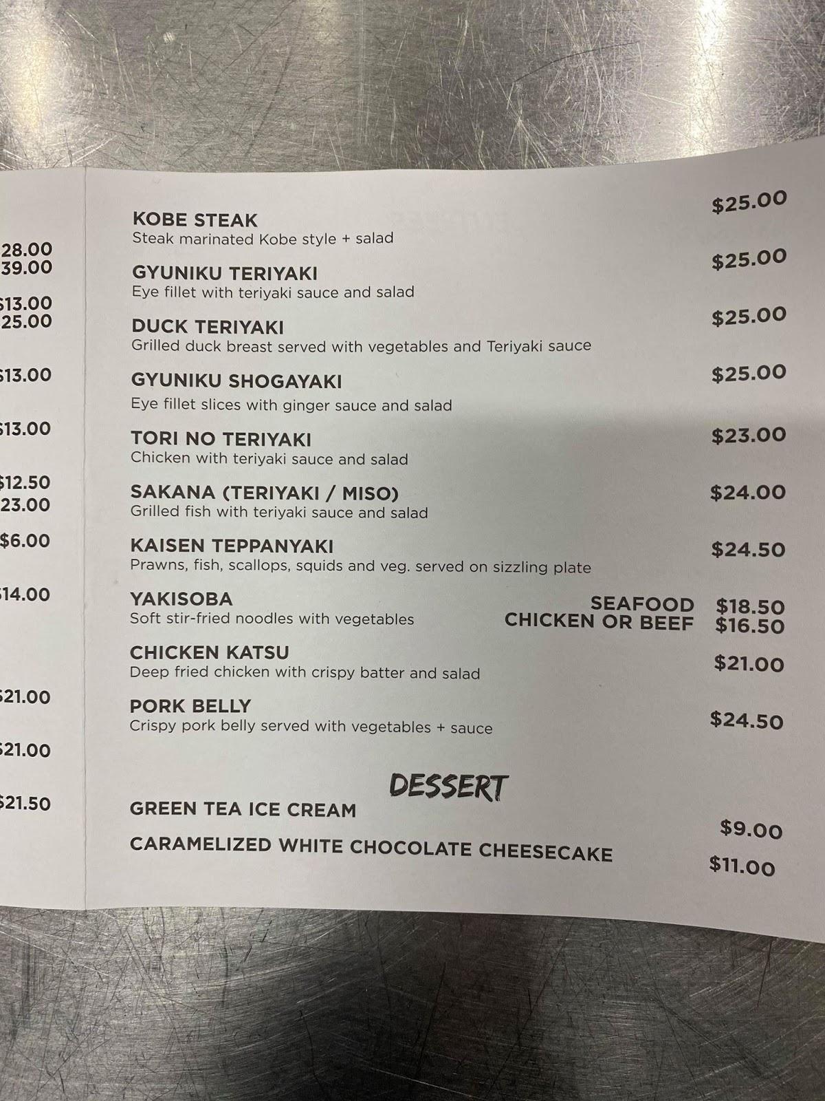 Menu at Japan Inn restaurant, Beaumaris