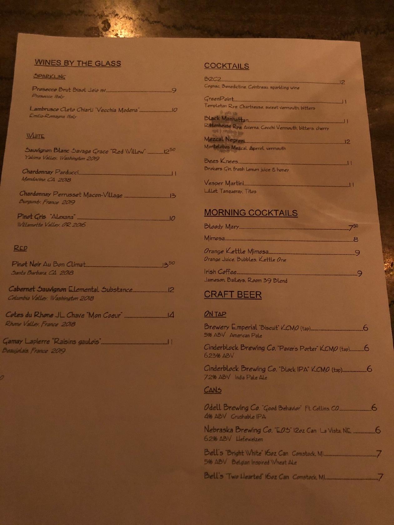 Menu at Room 39 restaurant, Kansas City