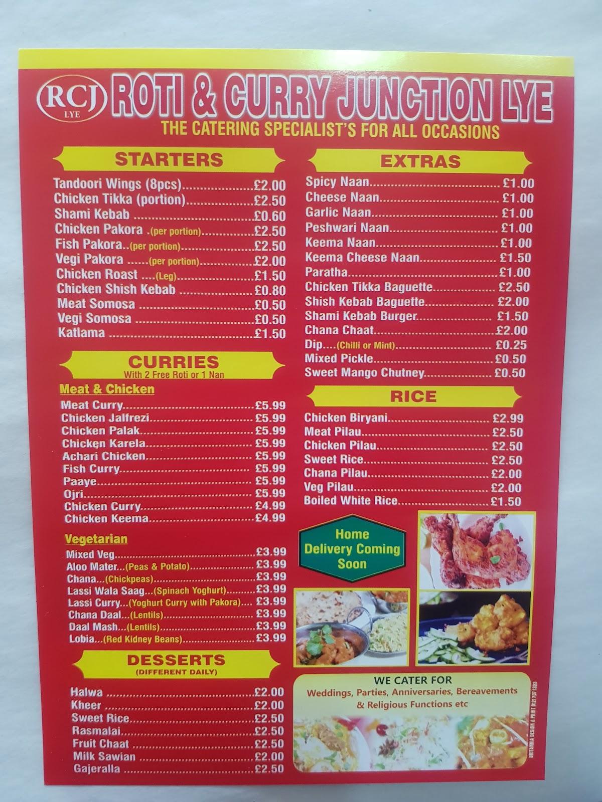 Menu at Roti & Curry Junction Lye restaurant, Stourbridge