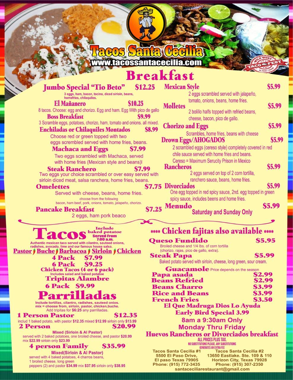 Menu at Santa Cecilia Restaurant, El Paso, El Paso Dr