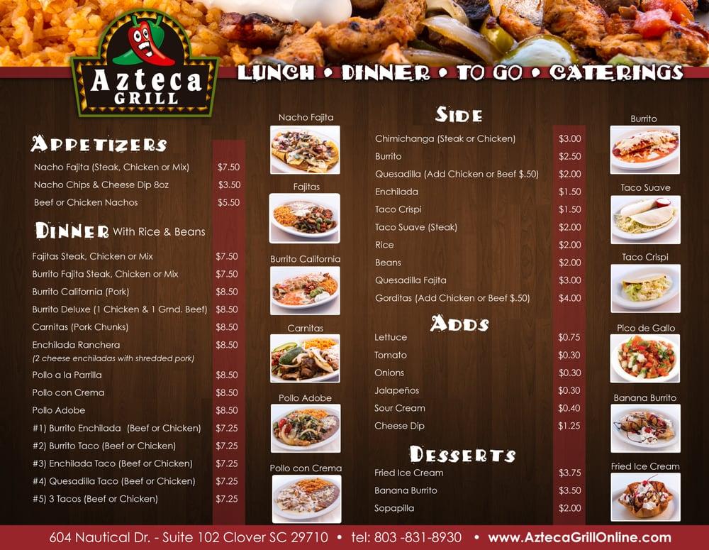 Menu at Azteca Grill restaurant, Lake Wylie