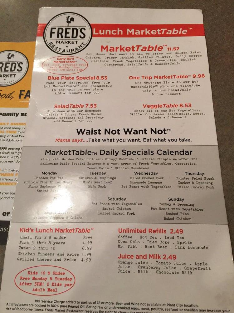 Menu at Fred's Market Restaurant, Plant City