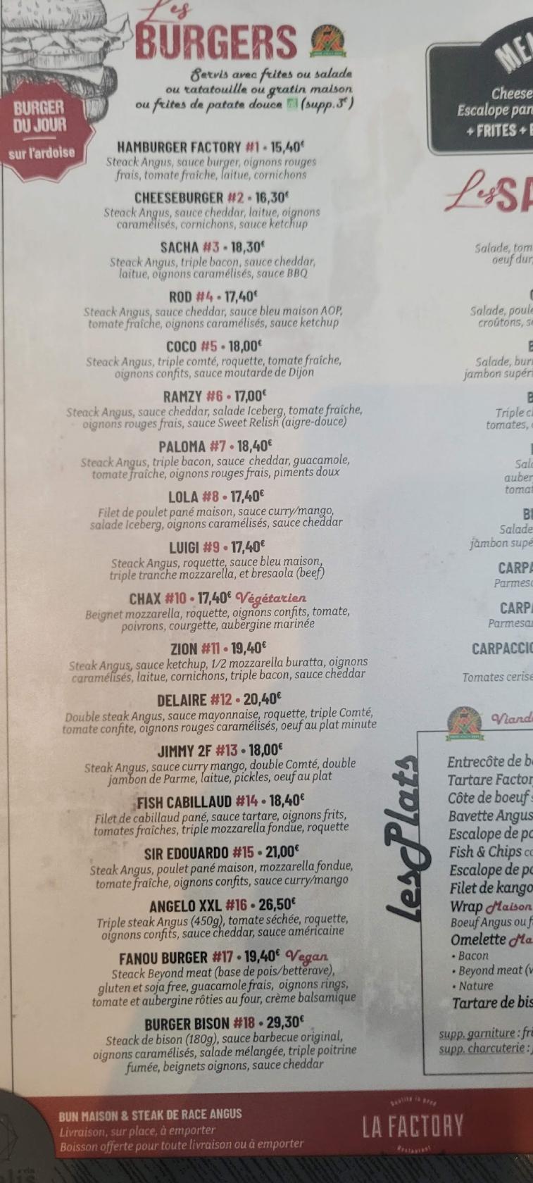 Carta del restaurante La Factory Burger, Issy-les-Moulineaux, 16 Rue ...