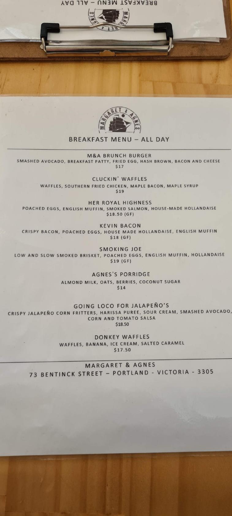 Menu at Margaret & Agnes cafe, Portland
